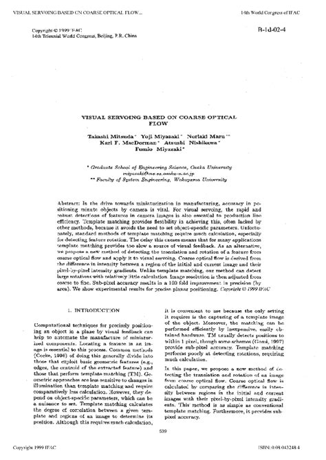 Pdf Visual Servoing Based On Coarse Optical Flow