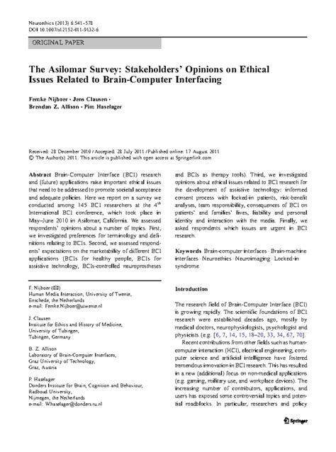 The Asilomar Survey Ethics And Stakeholder Opinions On Bci Research Original Paper The