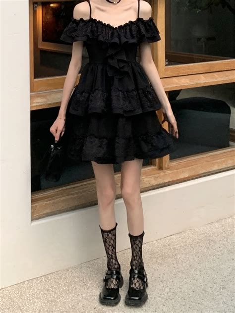 블랙 레이스 프릴 원피스 오프 숄더 스퀘어 넥 슬리브리스 나시 반팔 셔링 레이스 하이 웨스트 티어드 캉캉 A 라인 플레어