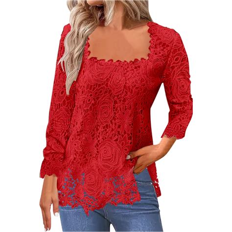 Womens Lace Dressy Tops Long Sleeve Square Neck Solid Tunic Shirts