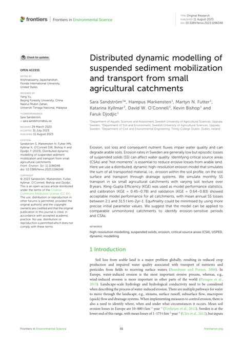 Pdf Distributed Dynamic Modelling Of Suspended Sediment Mobilization And Transport From Small