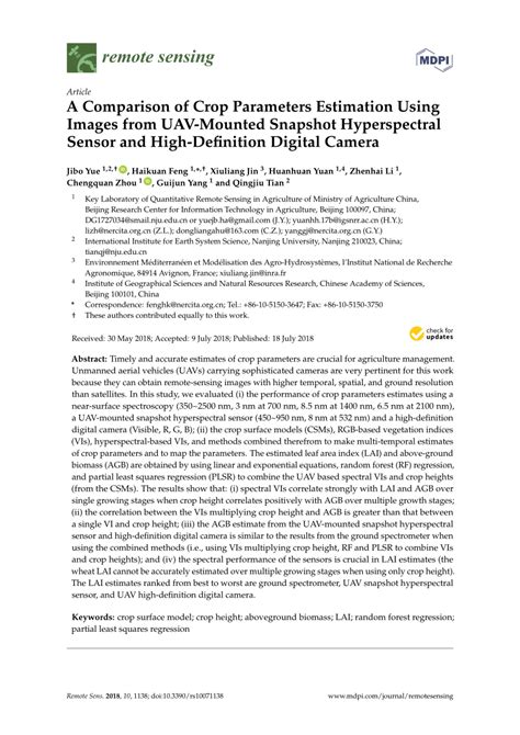 PDF A Comparison Of Crop Parameters Estimation Using Images From UAV Mounted Snapshot