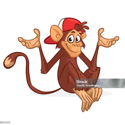 귀여운 만화 원숭이 침팬지 모자를 쓰고 벡터 일러스트 레이 션의 갈색에 대한 스톡 벡터 아트 및 기타 이미지 갈색 고릴라 귀여운 Istock