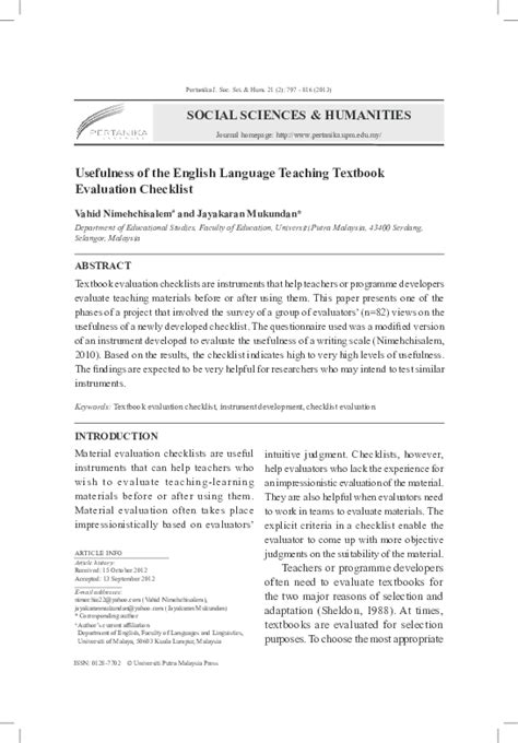Pdf Usefulness Of The English Language Teaching Textbook Evaluation Checklist