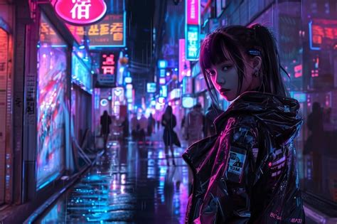 Anime Girl In A Neon City At Night Generative Ai Premium Ai Generated