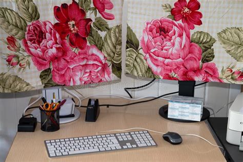 Computer Workstation With Monitor Covers Made By Grandmother Editorial