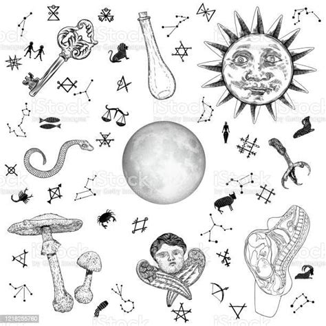 마녀를 위한 신비한 세트 주문과 마법술 연금술의 책에 대한 요소 조디악 별자리 기호와 마법의 알파벳 배경입니다 할로윈 벡터입니다 개체 그룹에 대한 스톡 벡터 아트 및 기타