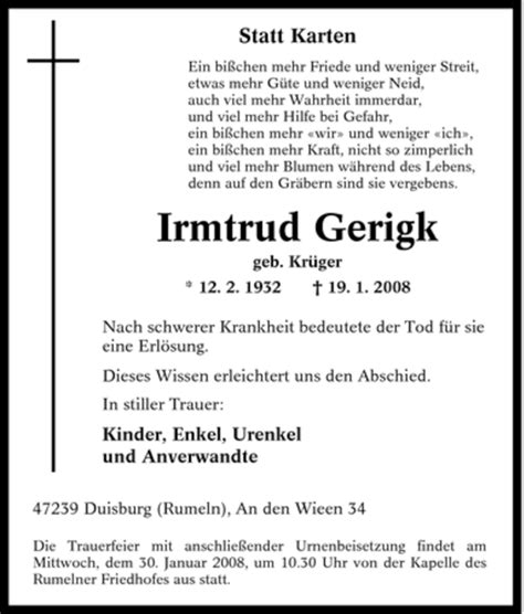 Traueranzeigen Von Irmtrud Gerigk Trauer In Nrwde