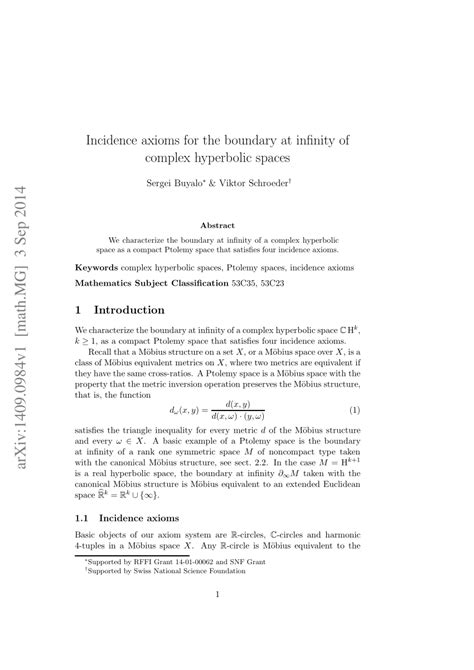 Pdf Incidence Axioms For The Boundary At Infinity Of Complex Hyperbolic Spaces