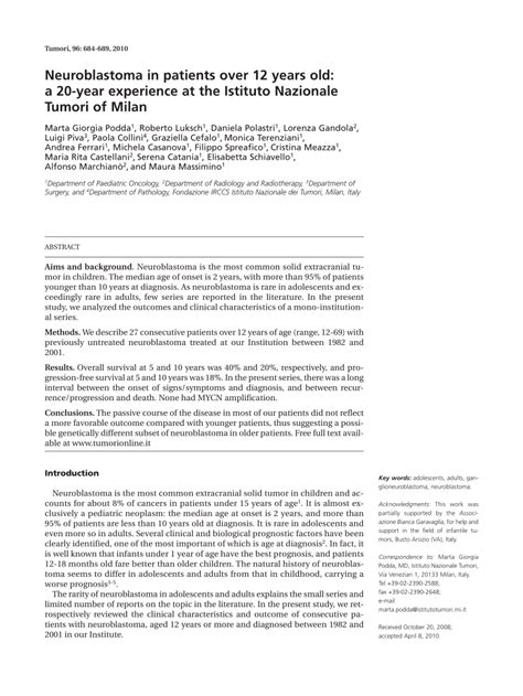 Pdf Neuroblastoma In Patients Over 12 Years Old A 20 Year Experience