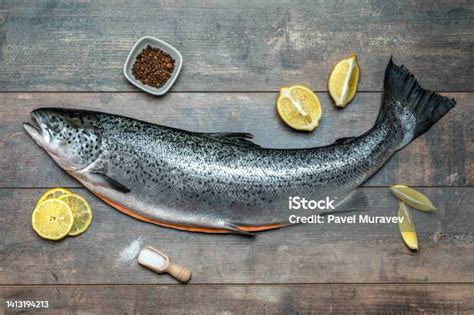 신선한 생 연어 향신료가있는 붉은 생선 레몬 후추 어두운 나무 배경에 로즈마리 바다 물고기 건강 식품 물고기로 만든 창조적 인