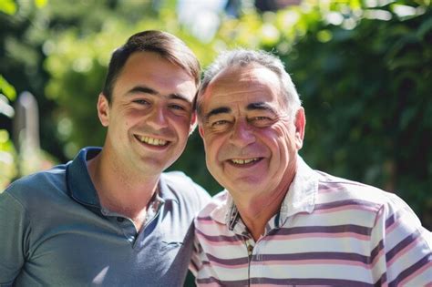 Retrato De Un Padre Mayor Feliz Y Un Hijo Adulto Abraz Ndose En El Jard N Imagen Premium