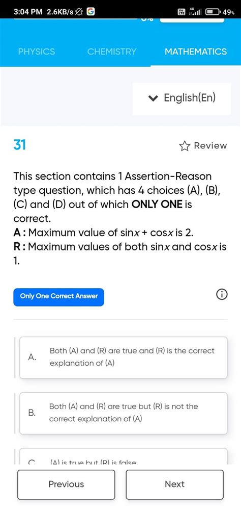 This Section Contains 1 Assertion Reason Type Question Which Has 4 Choic