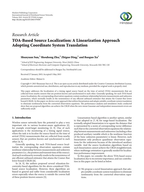 Pdf Toa Based Source Localization A Linearization Approach Adopting