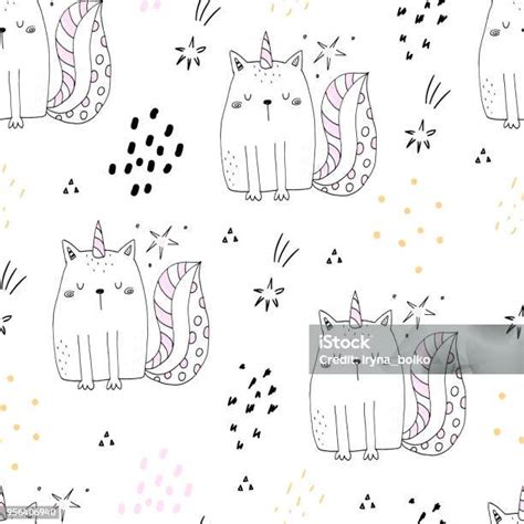 손으로 그린된 귀여운 고양이 유니콘과 완벽 한 패턴입니다 만화 고양이 벡터 일러스트 레이 션 0명에 대한 스톡 벡터 아트 및 기타 이미지 Istock