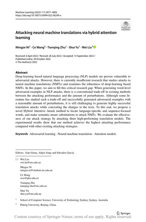 Pdf Attacking Neural Machine Translations Via Hybrid Attention Learning