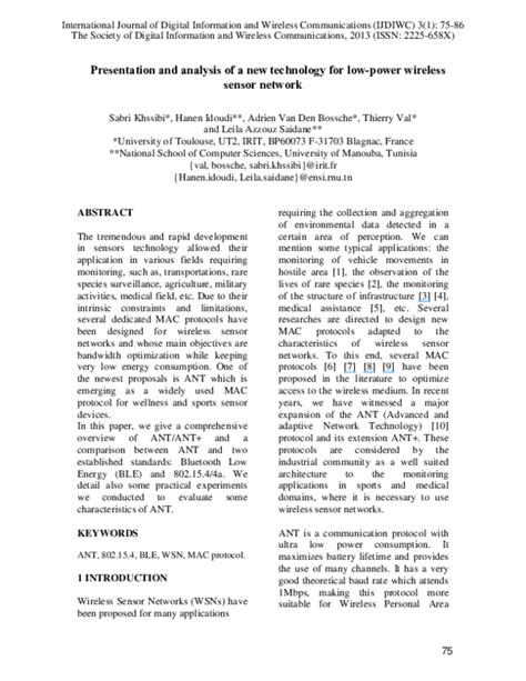 Pdf Presentation And Analysis Of A New Technology For Low Power Wireless Sensor Network