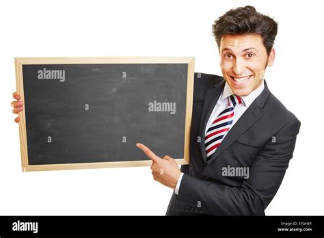 Happy Business Man Pointing To Empty Black Chalkboard Stock Photo Alamy