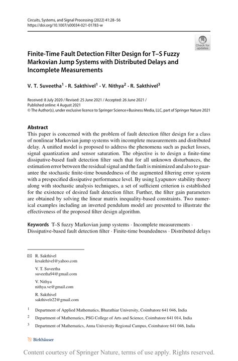 Finite Time Fault Detection Filter Design For Ts Fuzzy Markovian Jump Systems With Distributed