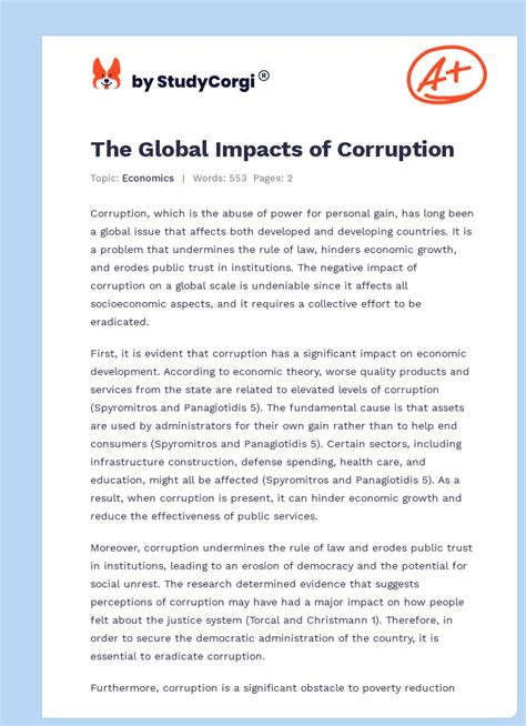 The Global Impacts Of Corruption Free Essay Example