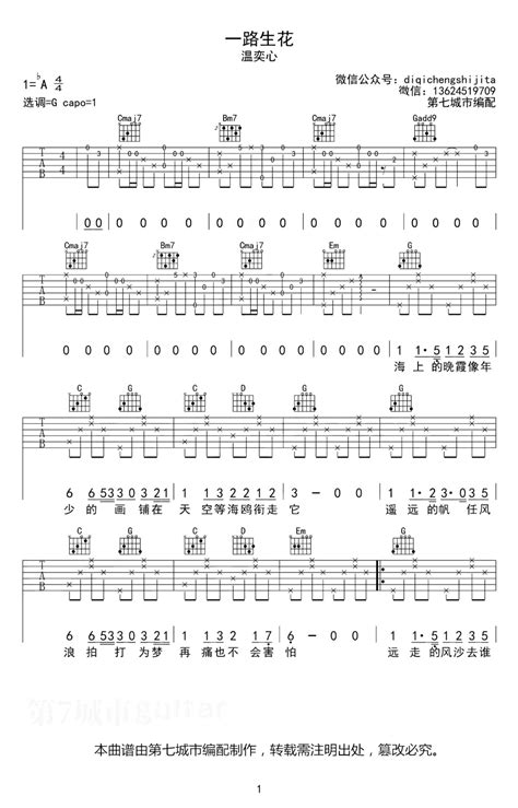 温奕心《一路生花吉他谱》c调原版图谱 曲谱热