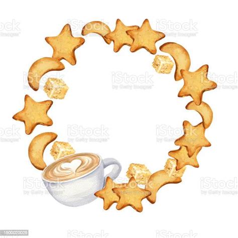 수채화 라운드 테두리에는 커피 한 잔 쿠키 비스킷이 있습니다 손으로 그린 카푸치노 프레임 흰색 배경에 분리된 커피 테마의 화환 0명에 대한 스톡 벡터 아트 및 기타 이미지
