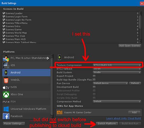 Texture Compression Override In Android Build Settings Unity Services