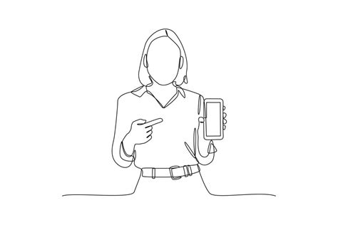 Single One Line Drawing Woman Pointing At Mobile Phone Mobile Phone Concept Continuous Line