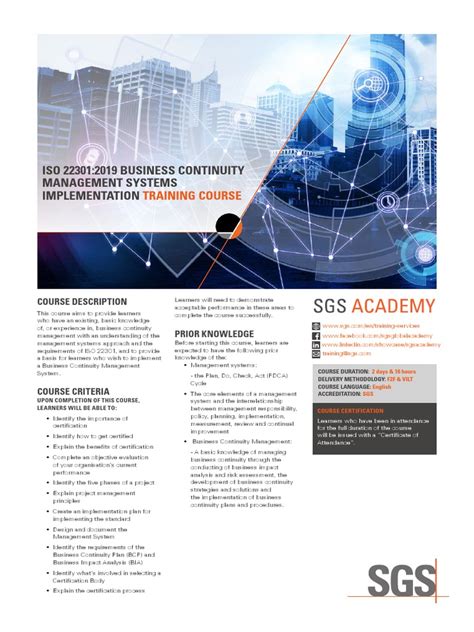 Sgs Kn Iso 22301 2019 Bcms Implementation Training Course Flyer En Pdf Certification Business