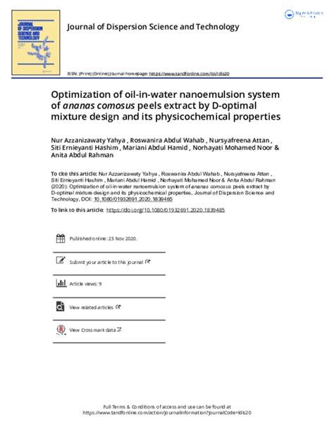 Pdf Optimization Of Oil In Water Nanoemulsion System Of Ananas Comosus Peels Extract By D