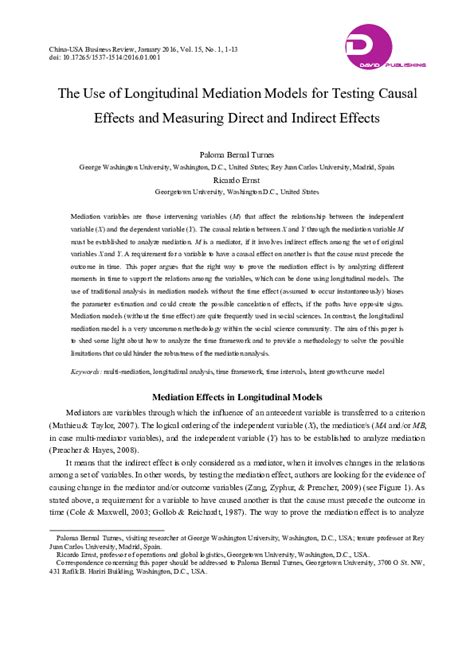 Pdf The Use Of Longitudinal Mediation Models For Testing Causal Effects And Measuring Direct