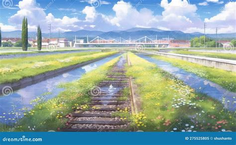 A Beautiful Environment Of Natural Beauty In Ghibli Art Style Stock