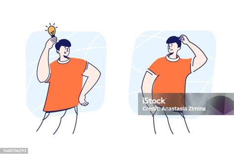 머리를 긁는 잠겨 있는 남자와 전구를 들고 아이디어를 가진 행복한 남자와 함께 설정된 평면 그림 남자에 대한 스톡 벡터 아트 및