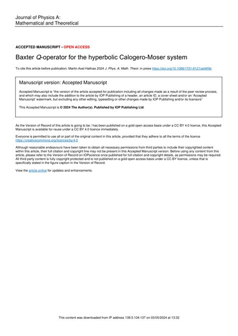Pdf Baxter Q Operator For The Hyperbolic Calogeromoser System