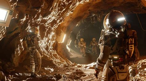 Astronauts Exploring Mars Caves In Advanced Suits Premium Ai