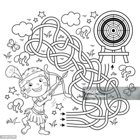 미로 또는 미로 게임 수수께끼 얽힌 도로 색칠 페이지 개요 만화 쾌활한 소년 인도인의 총격과 화살과 표적에 대한 활과 함께