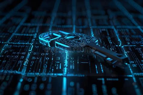 Encrypted Key A Glowing Futuristic Key Made Of Neon Blue Data Floats Above A Grid Of Encrypted