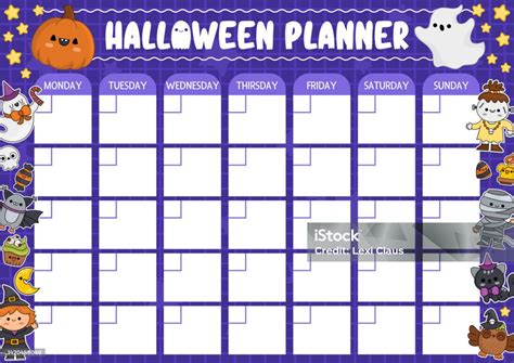 전통적인 휴일 기호가있는 벡터 할로윈 월간 플래너 귀여운 가을 모든 성도의 날 달력 또는 아이들을위한 시간표 무서운 트릭 또는 귀여운 카와이 마녀 뱀파이어 유령으로 포스터를