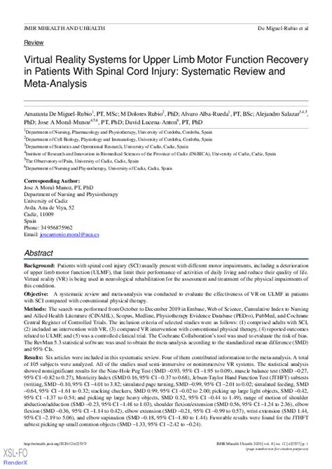 Pdf Virtual Reality Systems For Upper Limb Motor Function Recovery In Patients With Spinal
