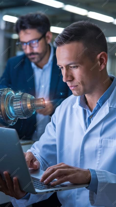 Chief Engineer Using Laptop Computer Analyzing And Researching How A Futuristic Turbofan Motor