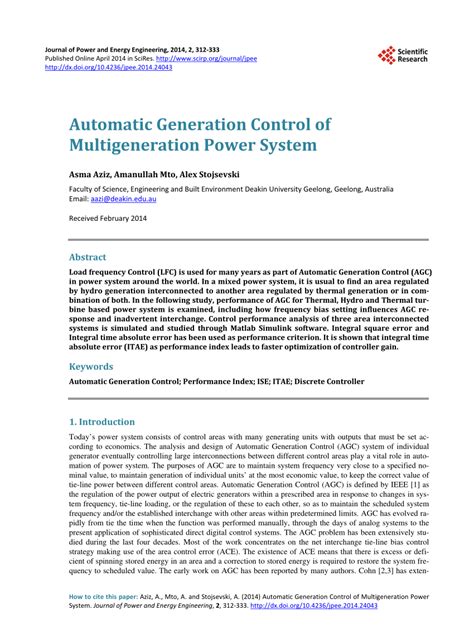 Pdf Automatic Generation Control Of Multigeneration Power System