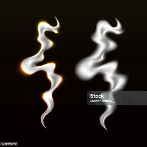 현실적인 빛나는 연기 파도 세트 담배 연기의 벡터 템플릿 투명 질감 핫 스팀 일러스트레이션 검은색에 대한 스톡 벡터 아트 및