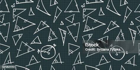 손으로 쓴 흰색 수학적 인물 삼각형 어두운 파란색 또는 검은 색 사각형 종이의 모서리가있는 벡터 귀여운 매끄러운 패턴 개체