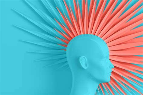 양식에 일치시키는 모호크 헤어 스타일과 프로필에 젊은 여성의 입체 머리와 창조적 인 빨간 산호와 파란색 배경 3d 일러스트레이션 0명에 대한 스톡 사진 및 기타 이미지