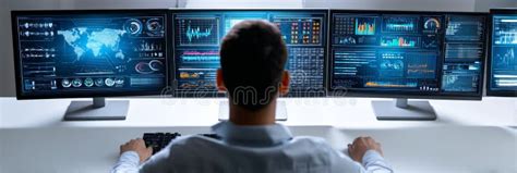 global data analyst at work a person sits before multiple monitors
