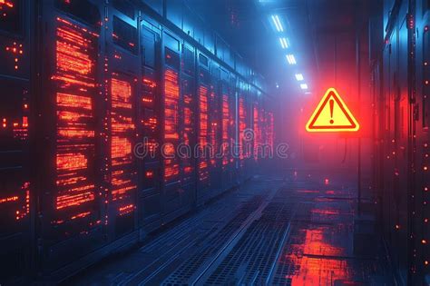 Data Center Server Room With Warning Sign Indicating Network Infrastructure Issues And Errors