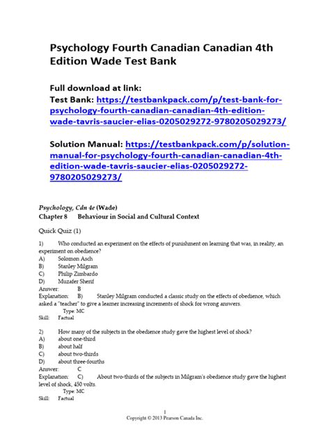 Psychology Fourth Canadian Canadian 4th Edition Wade Test Bank 1 Pdf