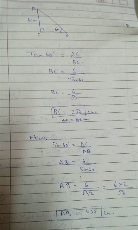 In The Right Angled Triangle ABC Angle C 90 Degree And Angle B 60 Degree If AC 6 Cm Find The