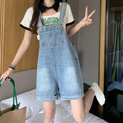 여성용 여름 멜빵 데님 반바지 한국 스타일 와이드 레그 청바지 바지 연청색 하이 웨이스트 헐렁한 캐주얼 패션 반바지