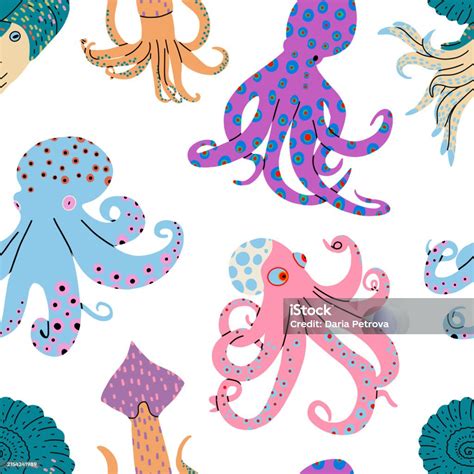 다양한 종류의 문어 세트입니다 정사각형 이음새가 없는 패턴입니다 바다 생물 벡터 일러스트 레이 션입니다 개체 그룹에 대한 스톡 벡터 아트 및 기타 이미지 Istock